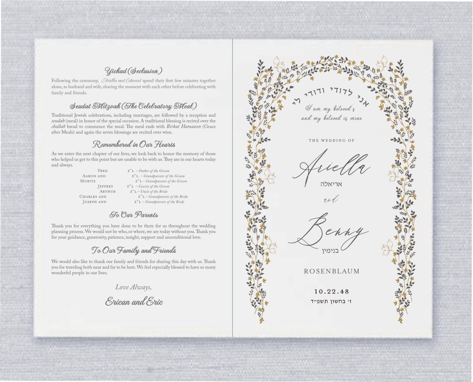 Flowered Chuppah Arch Jewish Wedding Programs
